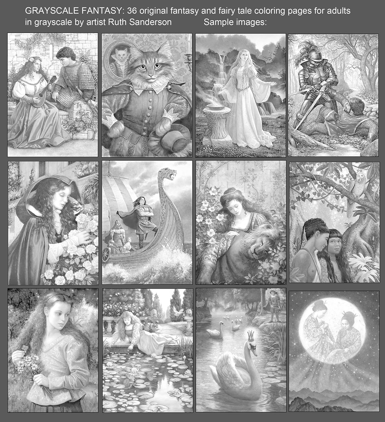 Grayscale Fantasy— 36 Coloring Pages in PDF Format – Golden Wood Studio